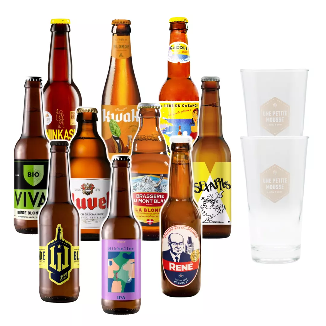Coffret de 10 Bières Blondes et 2 verres à bière | Une Petite Mousse