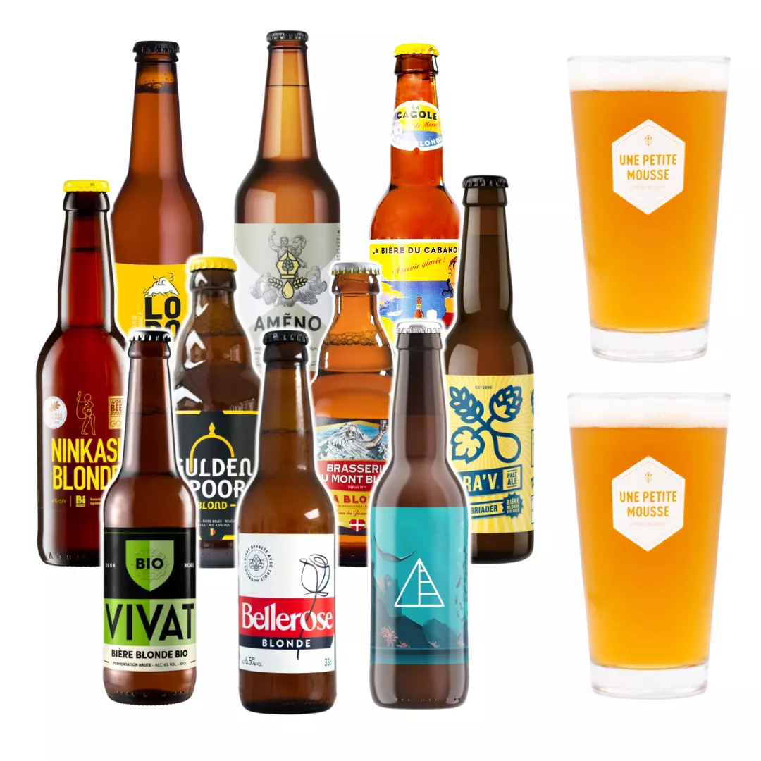 Coffret de 10 Bières Blondes et 2 verres à bière | Une Petite Mousse